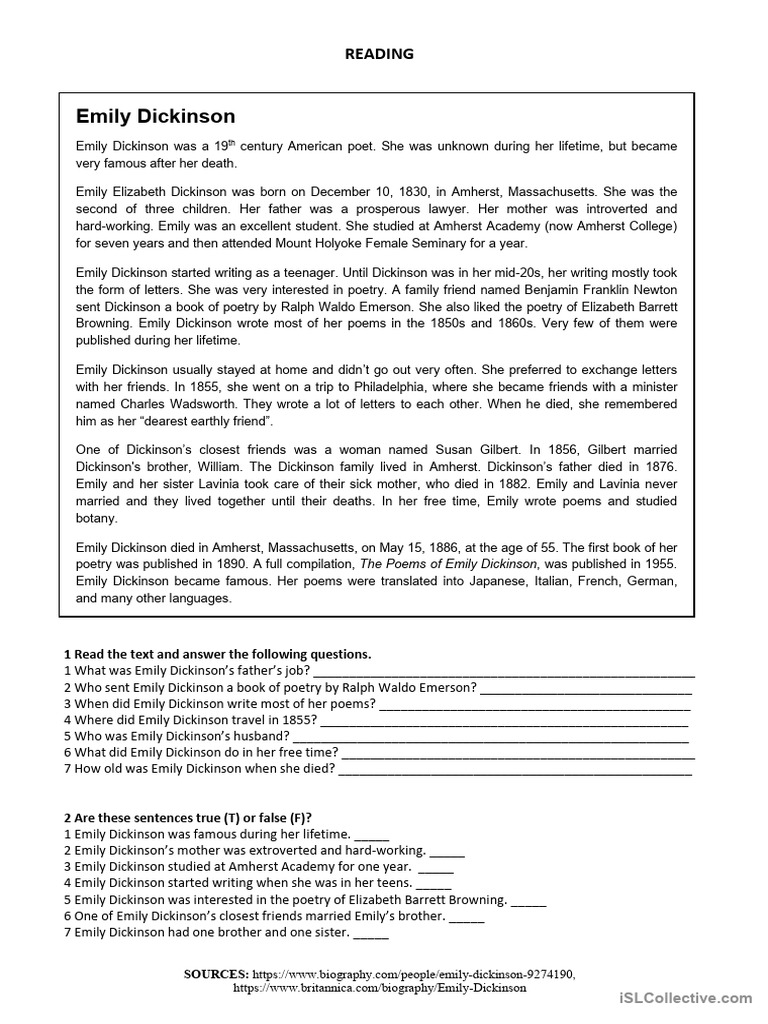 Emily Dickinson - Reading | PDF