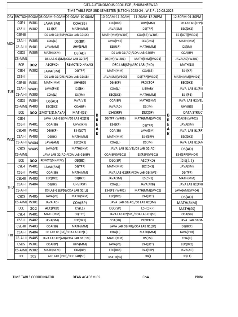 TIMETABLE 1st 3rd 5th 7th - 2023-24 (MSTR 11.09.23) | PDF