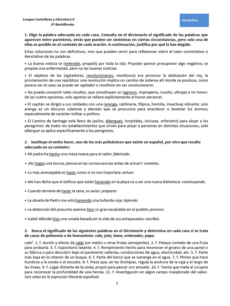 Ejercicios de Semántica Resueltos 2BACH | PDF | Poesía | Palabra