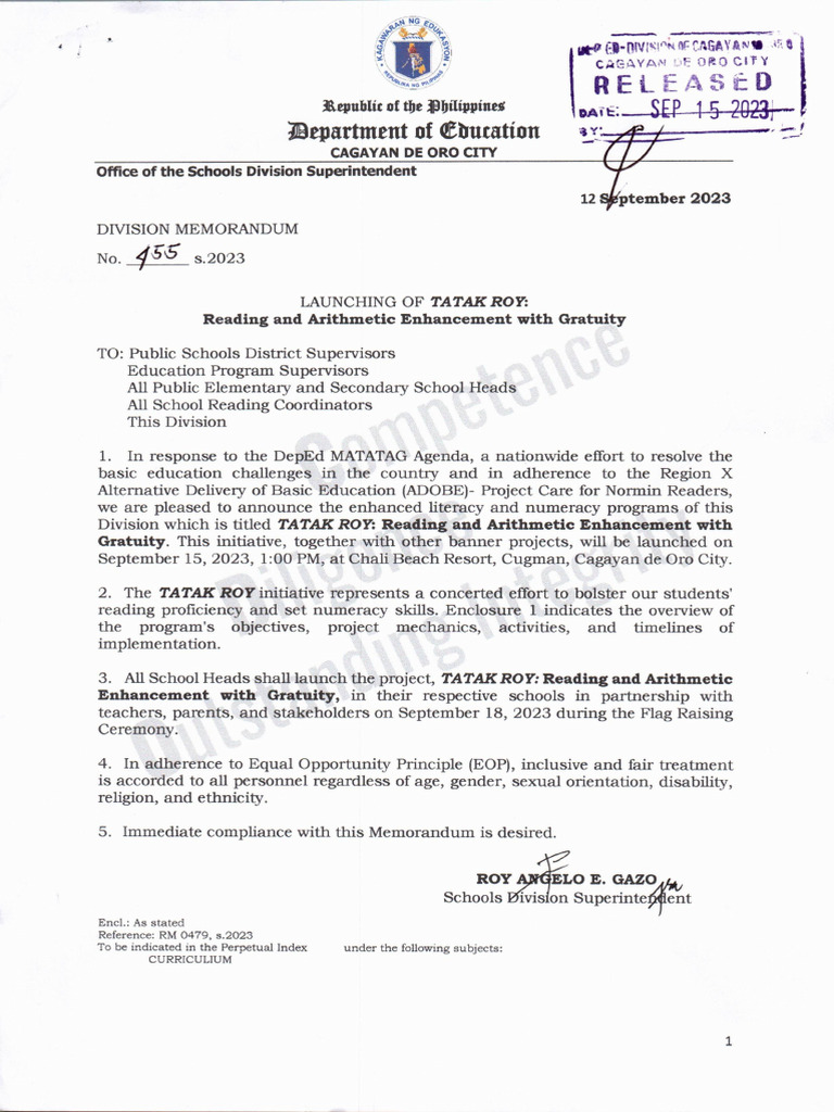 DM455s2023 - Launching of Tatak ROY Reading and Arithmetic Enhancement ...