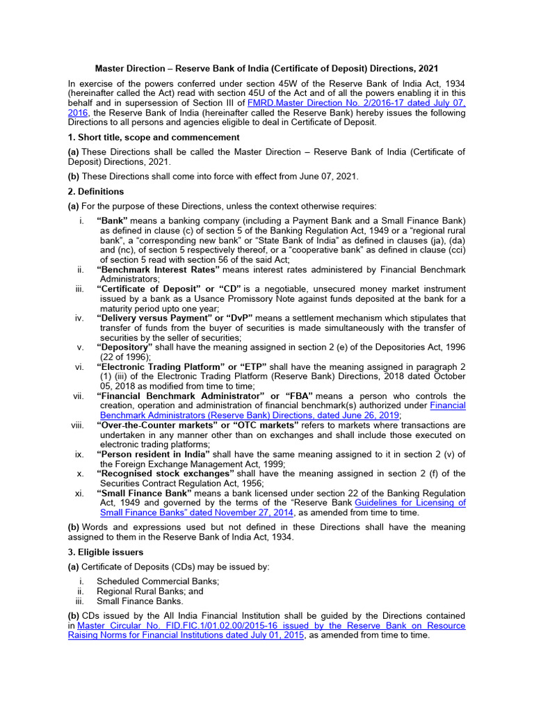 RBI Certificate of Deposit Directions 2021 | PDF | Business | Finance ...