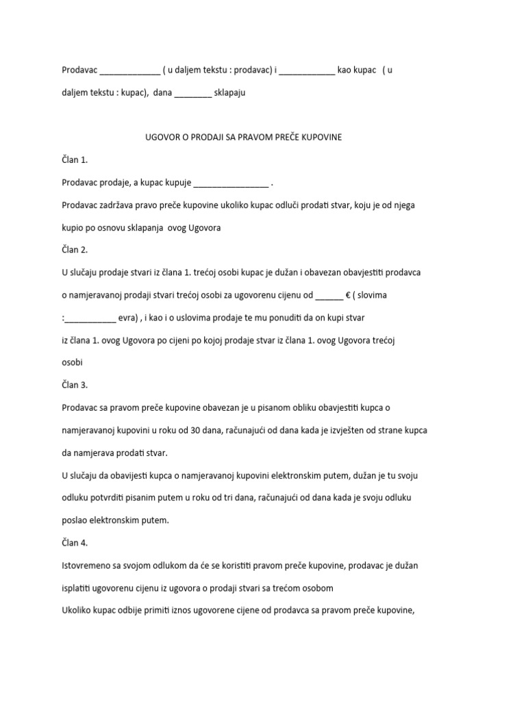 Ugovor o Prodaji Sa Pravom Prece Kupovine | PDF