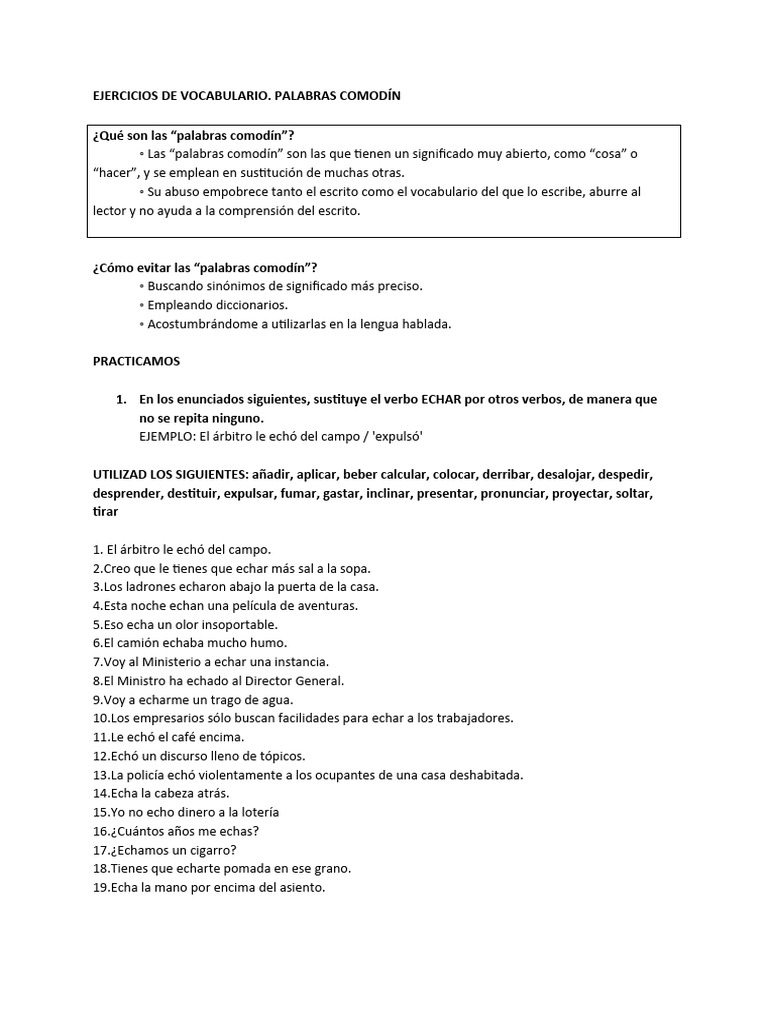 Ejercicios de Vocabulario. PALABRAS COMODÍN | PDF