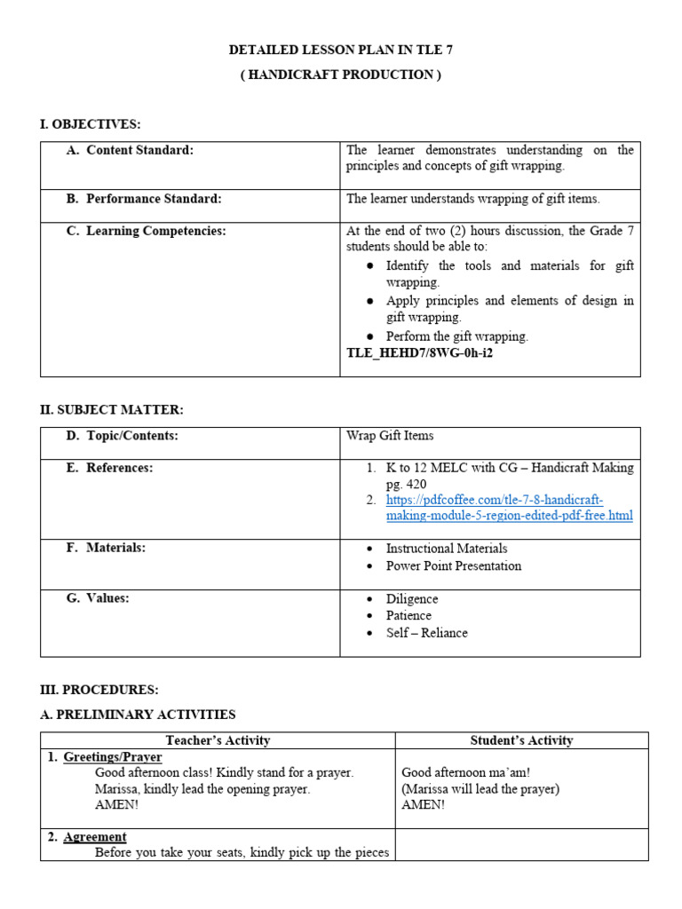 Final-Demo Copy of Lesson Plan - TLE Handicraft Making | PDF