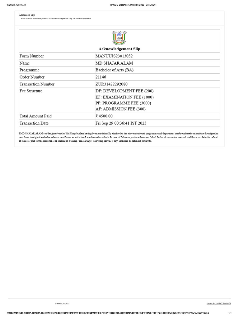 MANUU Distance Admission Acknowledgement 2023 | PDF