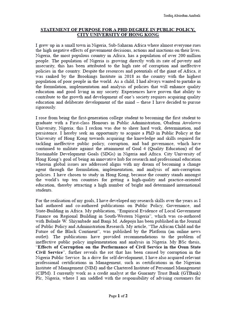 PhD in Public Policy Statement of Purpose | PDF | Career & Growth ...
