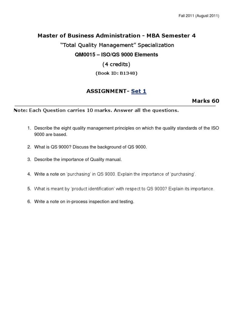 MBA Total Quality Management Assignment | PDF | Finance & Money ...