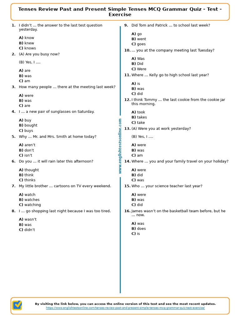 775 Tenses Review Past and Present Simple Tenses MCQ Grammar Quiz Test ...