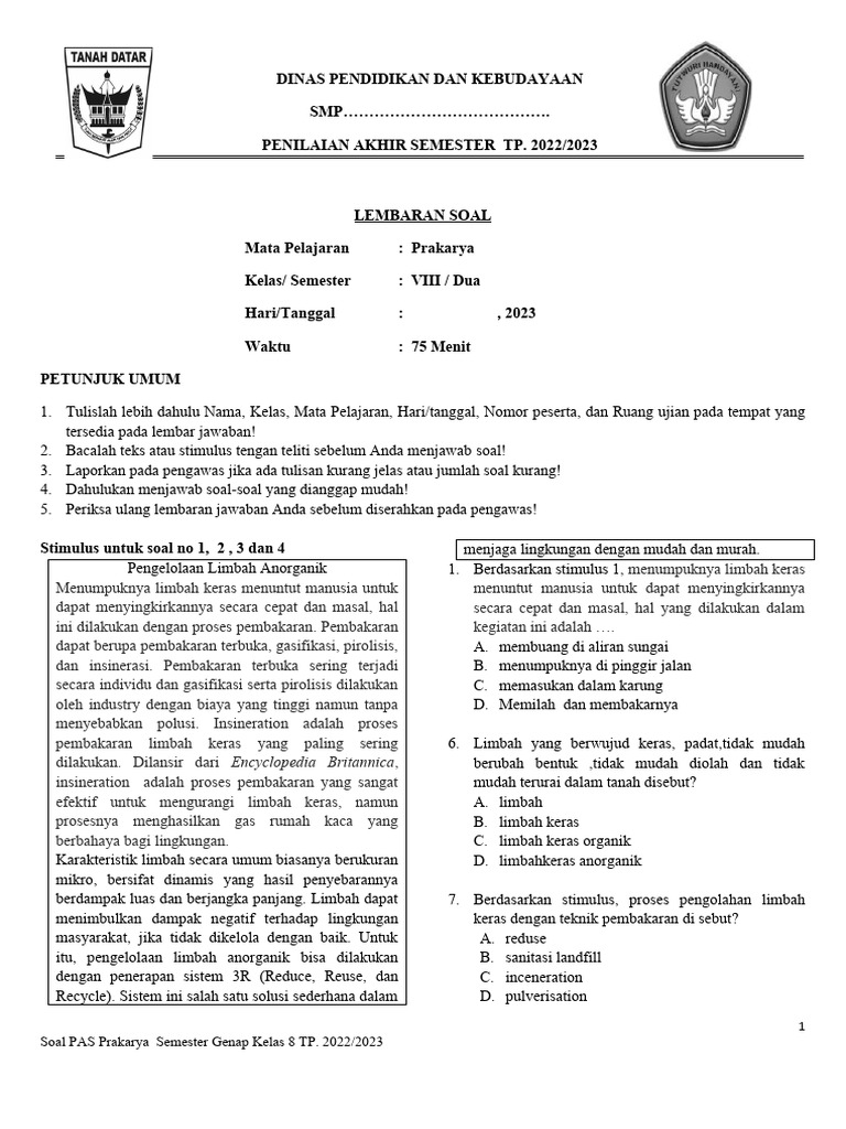Soal Pas 2 Prakarya Kls 8 2022-2023 | PDF