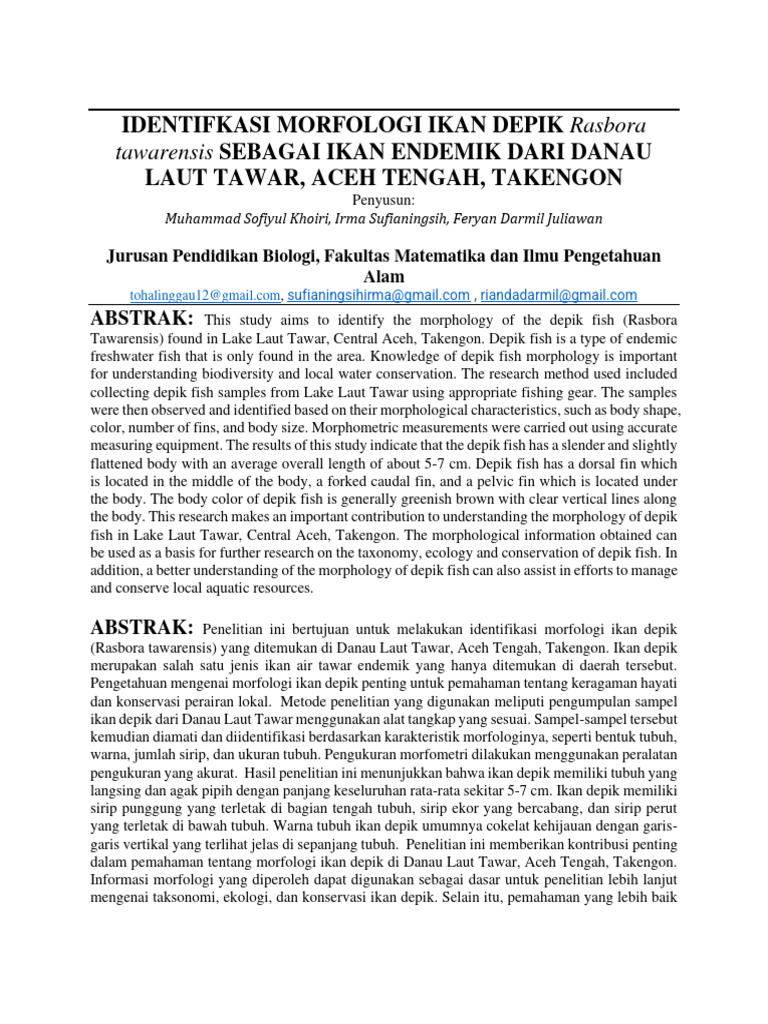 IDENTIFKASI MORFOLOGI IKAN DEPIK Rasbora Tawarensis SEBAGAI IKAN ...
