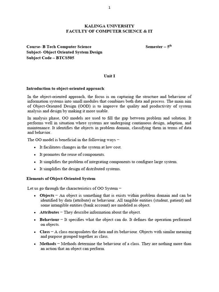 OOSD BTCS505B Notes Unit 1 | PDF | Computers | Technology & Engineering