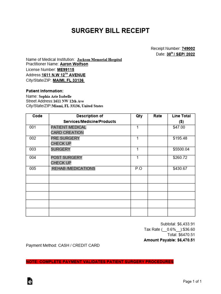 Medical Bill Receipt Template | PDF
