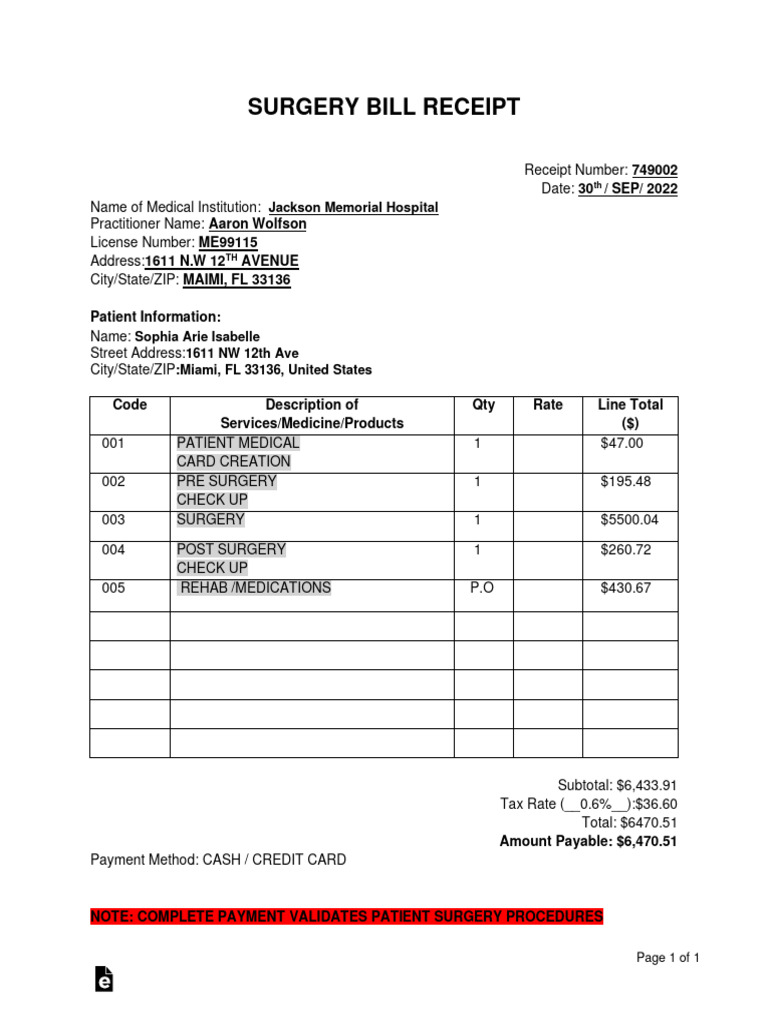 Medical Bill Receipt Template | PDF