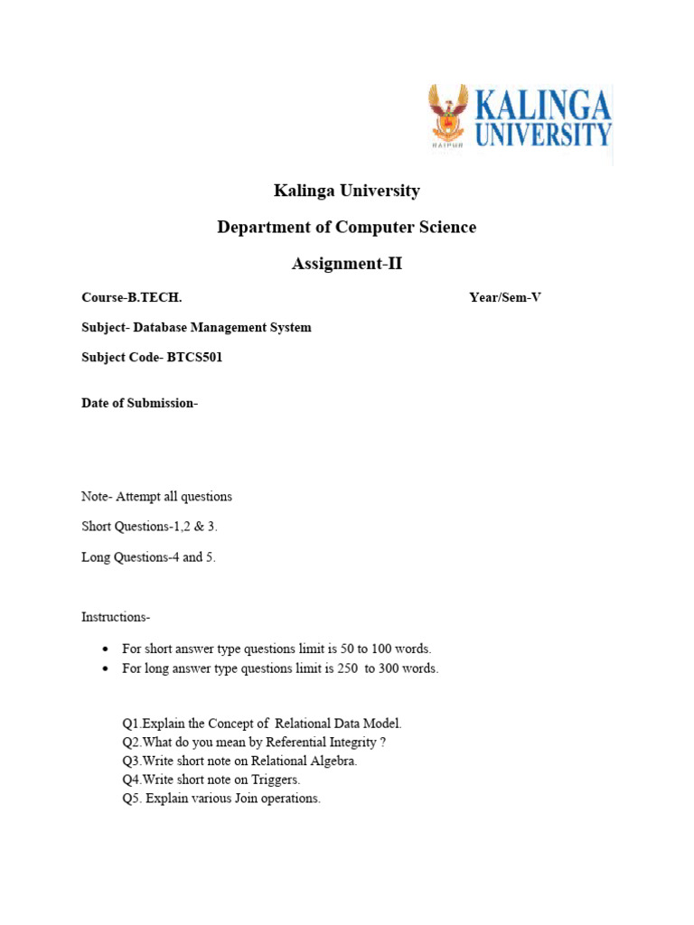 July-Dec 2023 BTCS 5 Sem V8 BTCS501 BTCS 501 DBMS Unit 2 Assignments | PDF