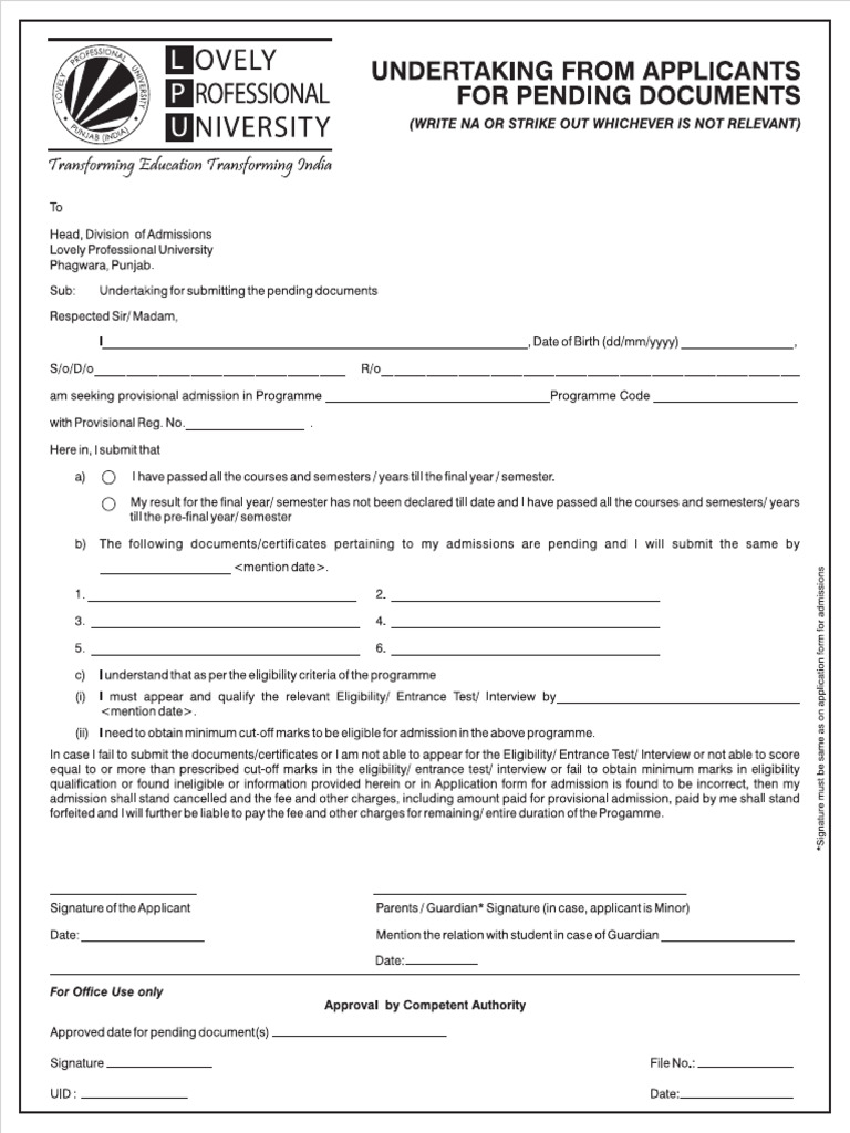 Undertaking For Pending Documents For Portal 2023 | PDF