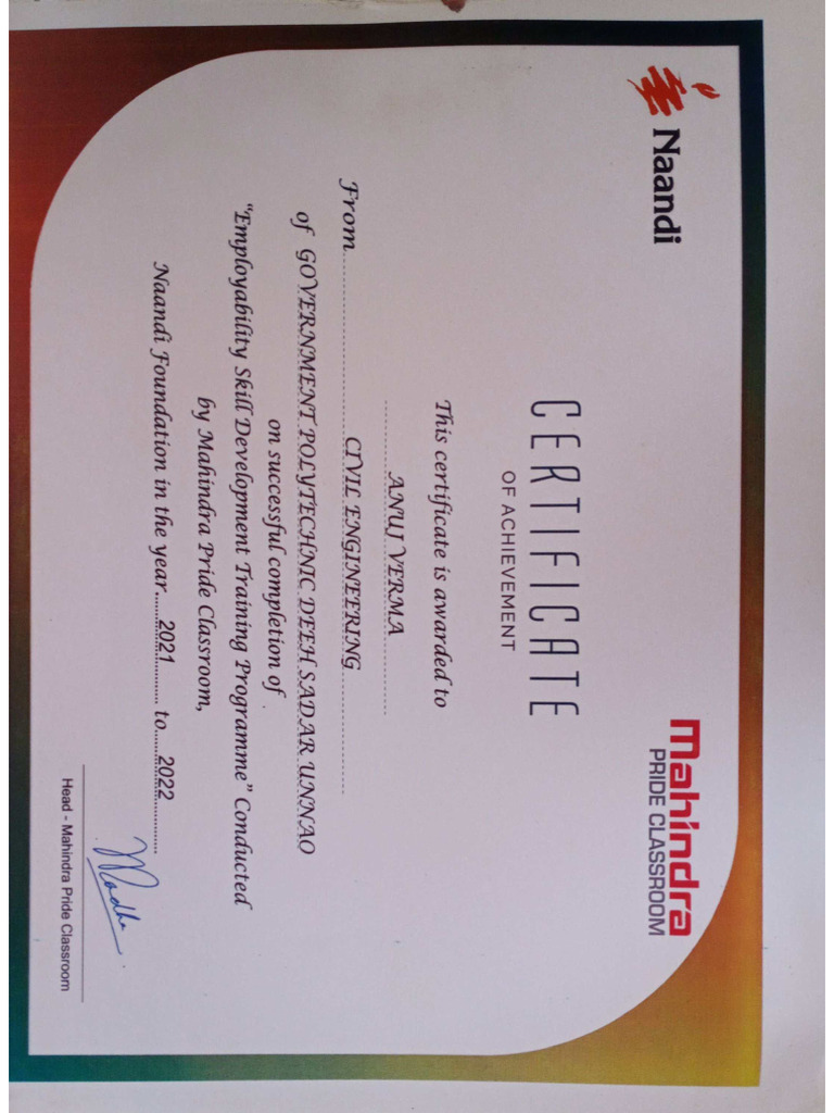 Mahindra Pride Classroom Certificate Anuj Verma | PDF