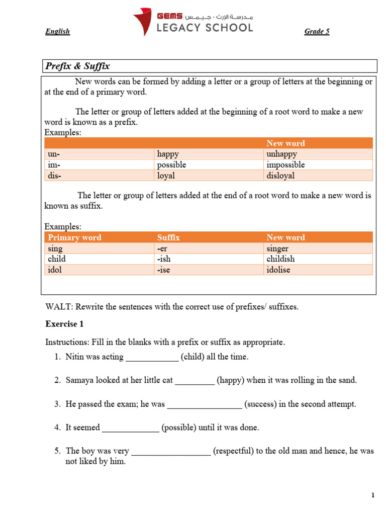 Grade 5 Prefix & Suffix Exercises | PDF | Word | Linguistic Typology