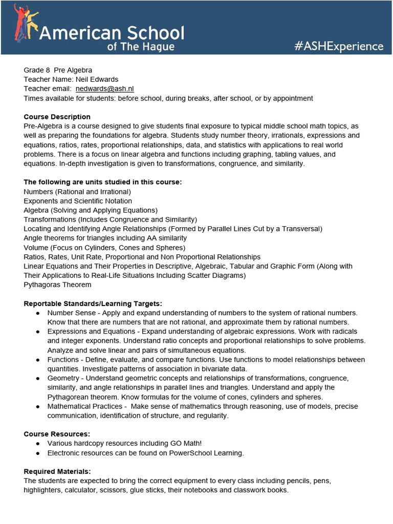 Grade 8 Pre-Algebra 2020-2021 | PDF