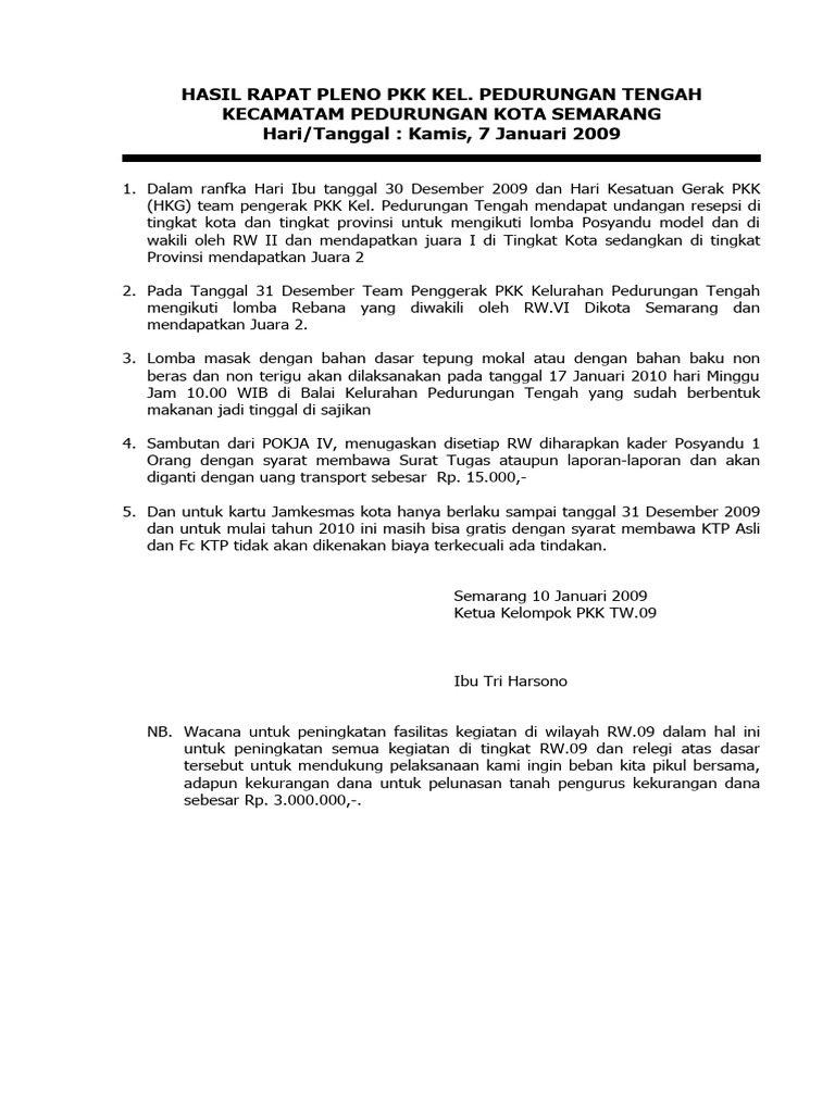 Hasil Rapat Pleno PKK Kel | PDF