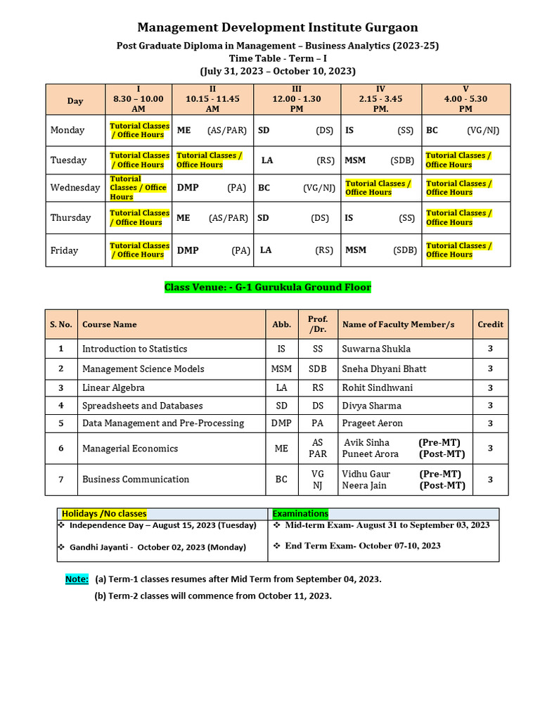 PGDM-Business Analytics Schedule | PDF