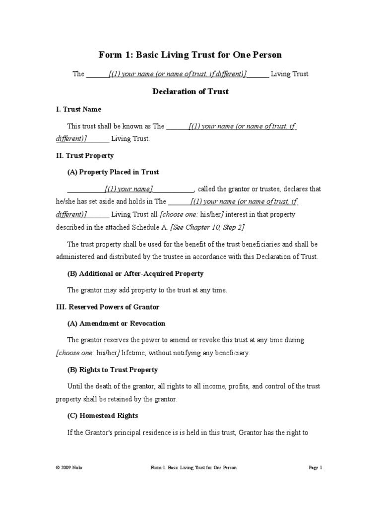 Form 1: Basic Living Trust For One Person | PDF | Beneficiary (Trust ...