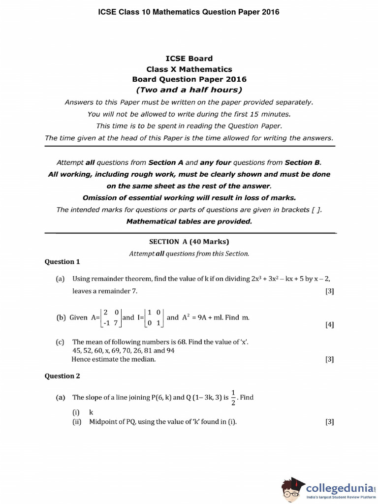 ICSE Class 10 Mathematics Question Paper 2016 | PDF