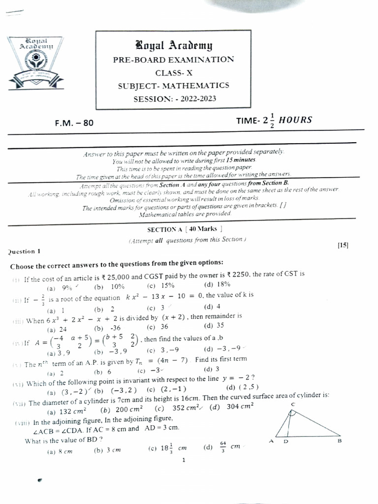 Mathematics Pre-Board Examination | PDF | Mathematics