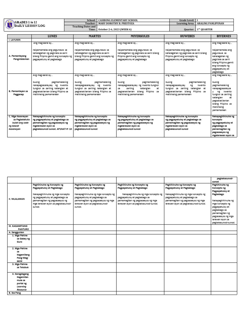 DLL - Araling Panlipunan 1 - Q1 - W6 | PDF