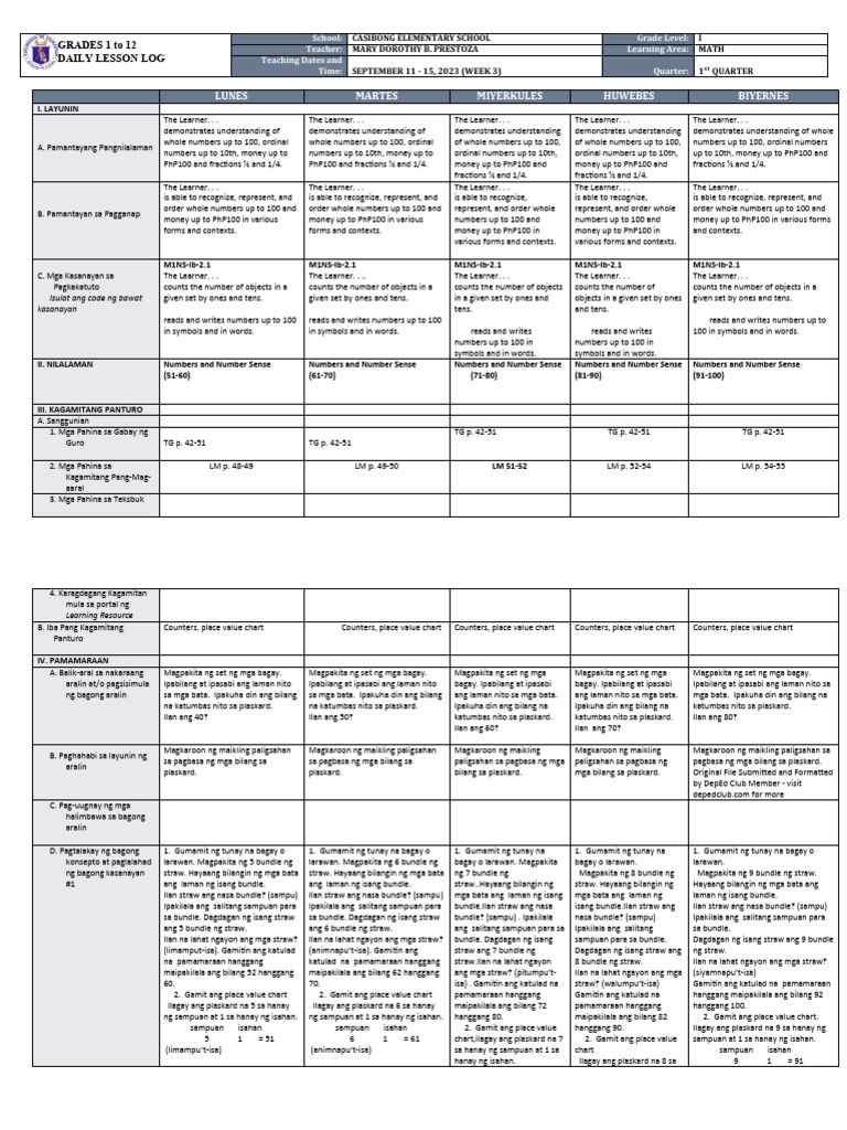 DLL - Math 1 - Q1 - W3 | PDF | Learning | Cognition