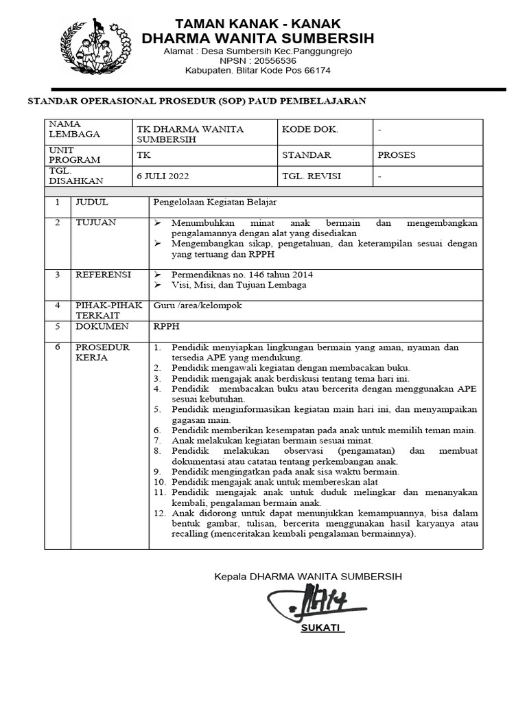 SOP PAUD - Pembelajaran | PDF