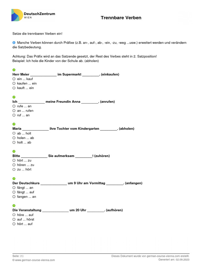 German Course Vienna - Com Trennbare Verben | PDF
