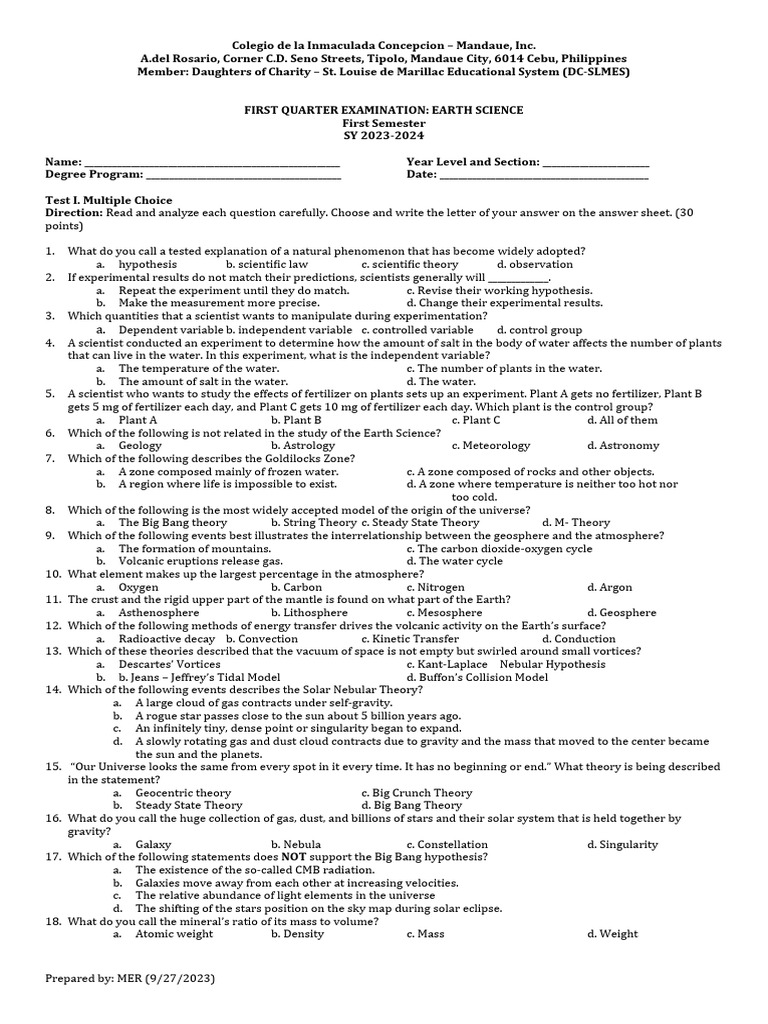 First Quarter Exam In Earth Science 2023 2024 PDF Minerals