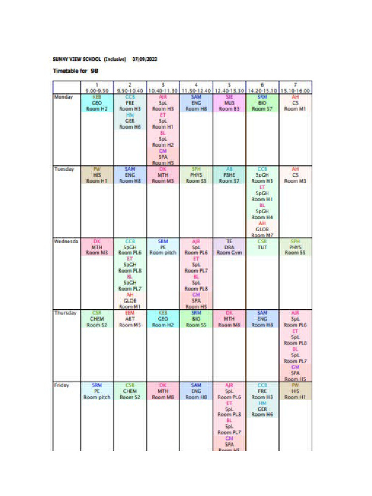 Student Timetable 2023 To 2024 | PDF