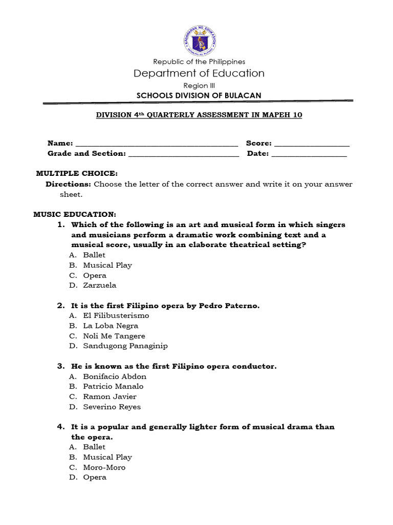 MAPEH 10 Assessment Tool | PDF