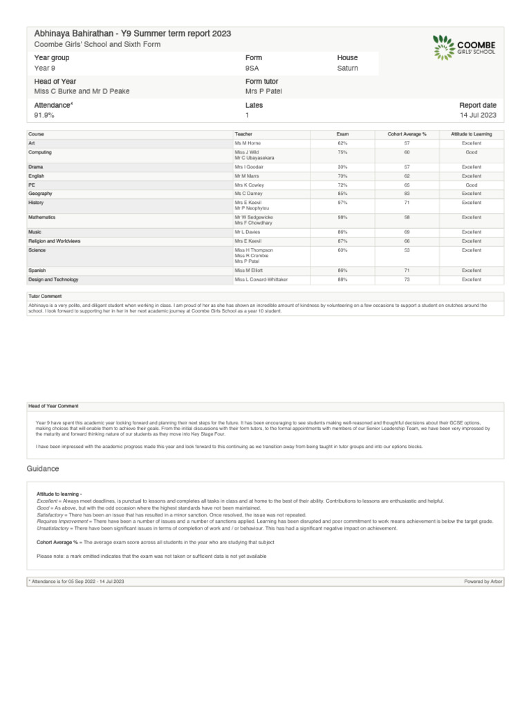 2023-07-19 Y9 Summer Term Report 2023 - Abhinaya Bahirathan | PDF