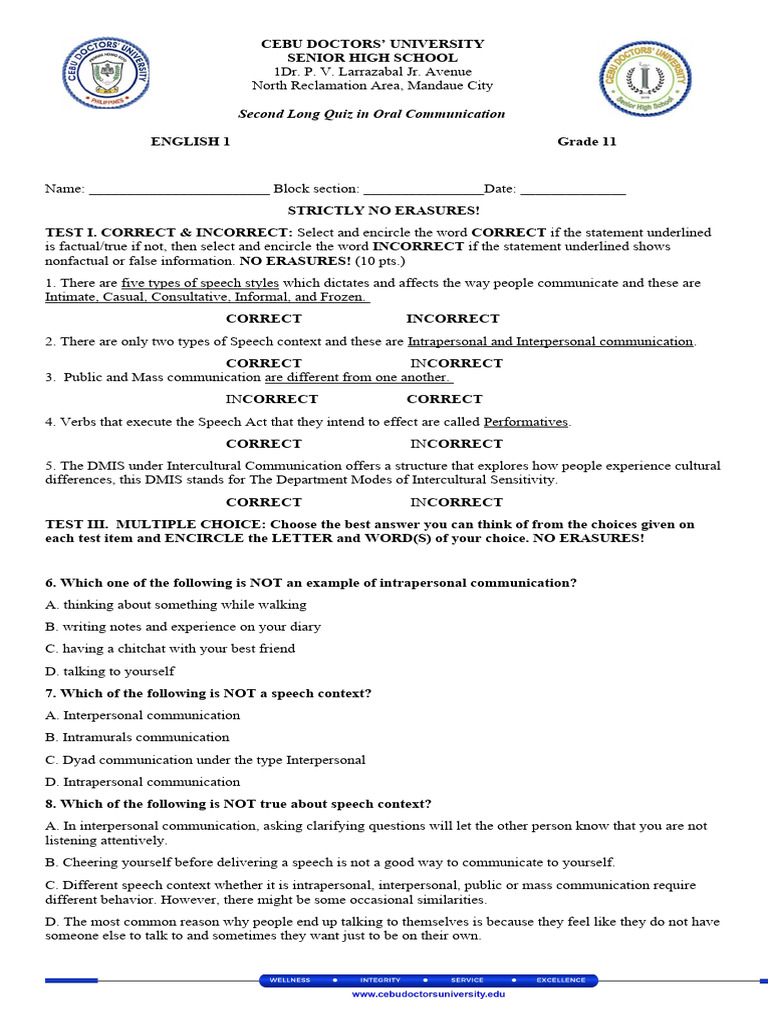 Second Long Quiz in Oral Communication | PDF