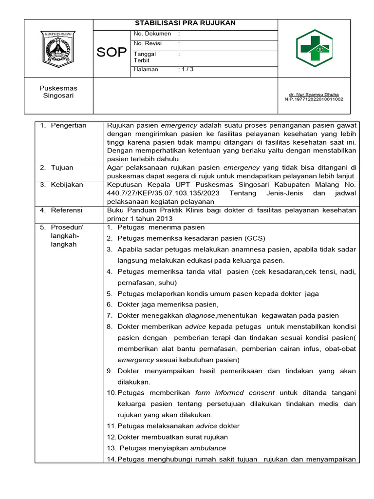 10. SOP Stabilisasi pra Rujukan | PDF