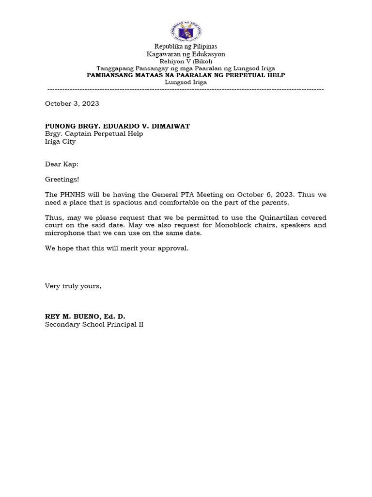 Official Header Letter PB Sta Teresita | PDF