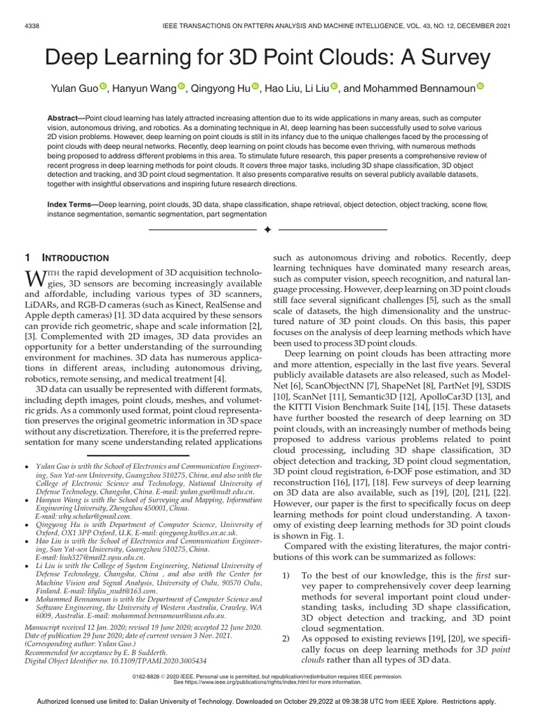 Deep Learning For 3D Point Clouds A Survey | PDF