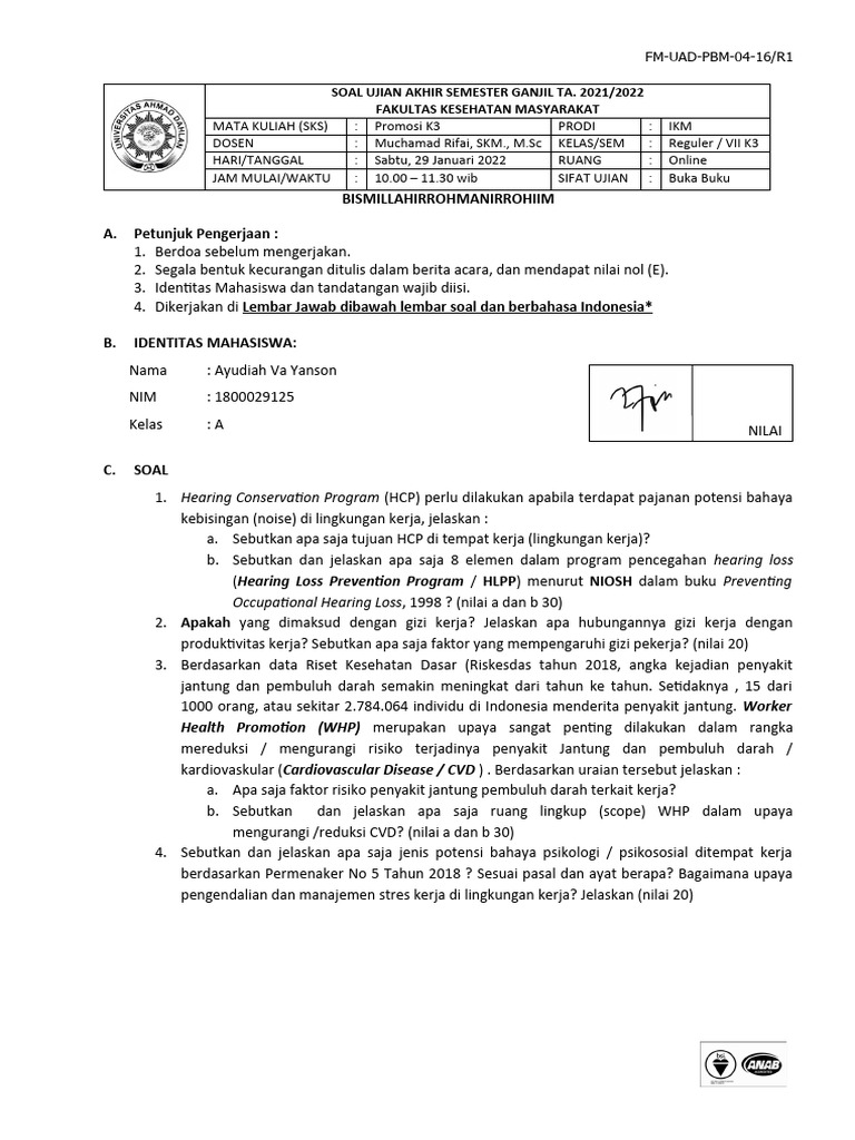 Ayudiah Va Yanson 1800029124 A Promosi K3 | PDF