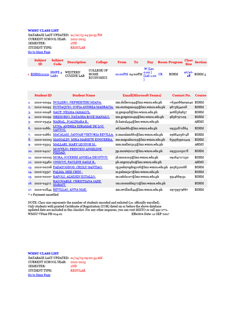 Wmsu Class List BSHM 3 Hmpe 4 Lab 1-3 | PDF