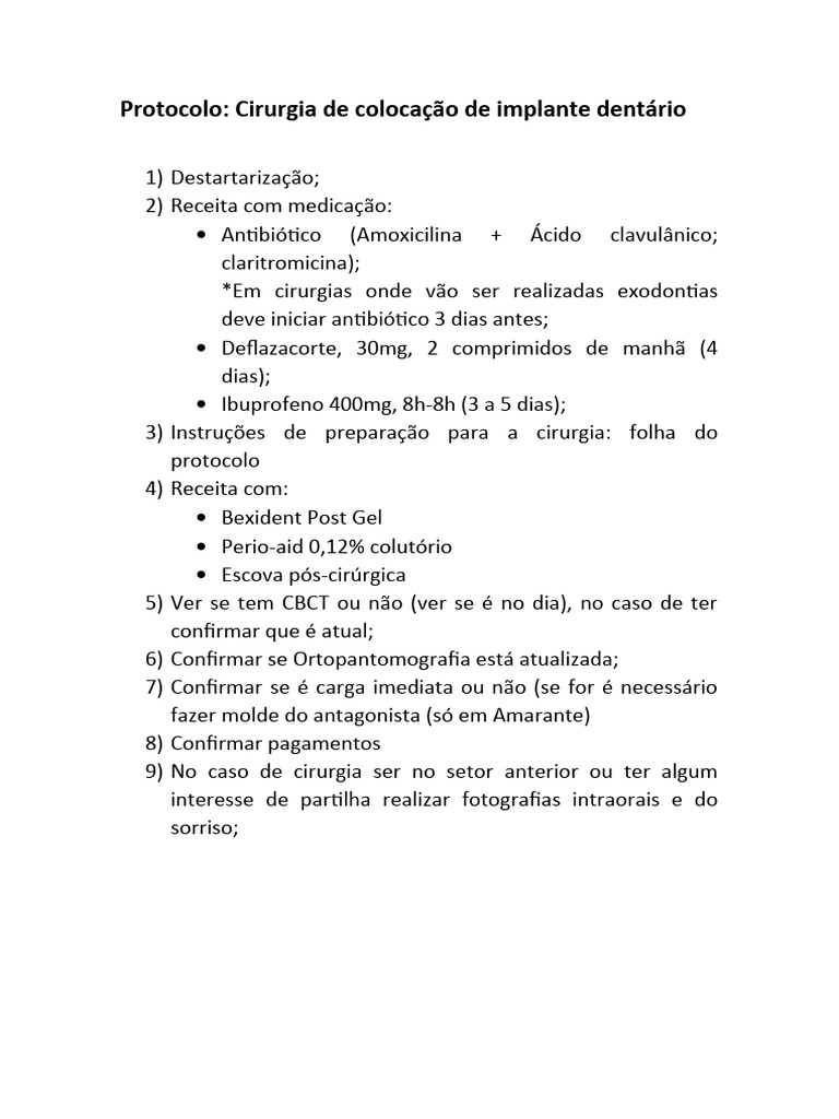 Protocolo - Colocação de Implante Dentário | PDF