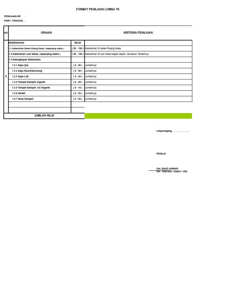 Format Penilaian Lomba Kebersihan 7K | PDF