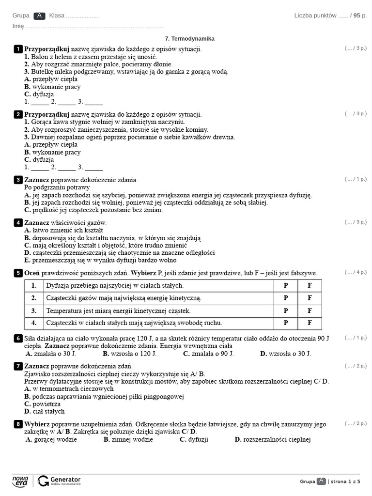 Termodynamika Test Z Widoczna Punktacja-1 | PDF