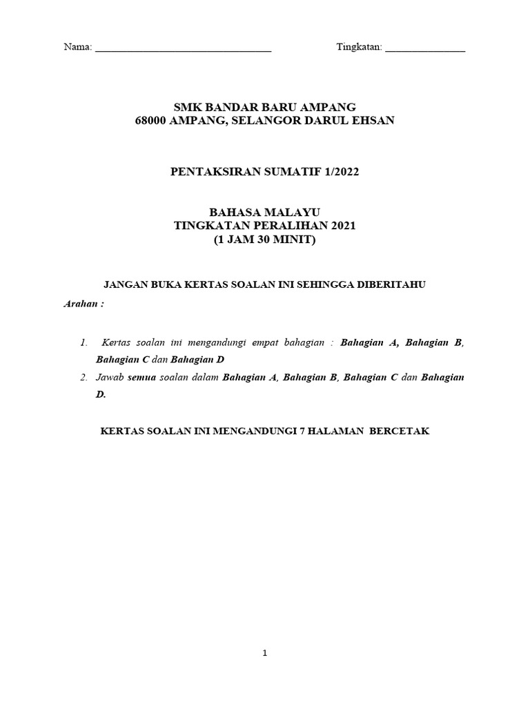 Soalan BM Ujian Sumatif 2 2022 Peralihan | PDF