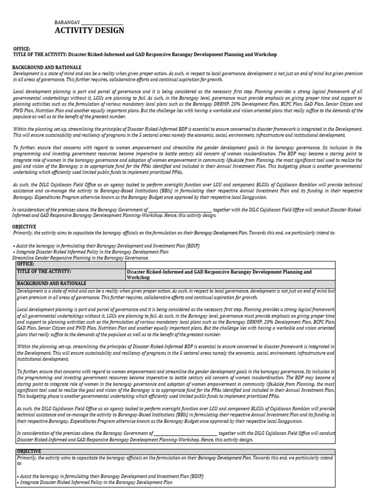 Barangay Activity Design - DRR and Gender Responsive Brgy Planning and ...