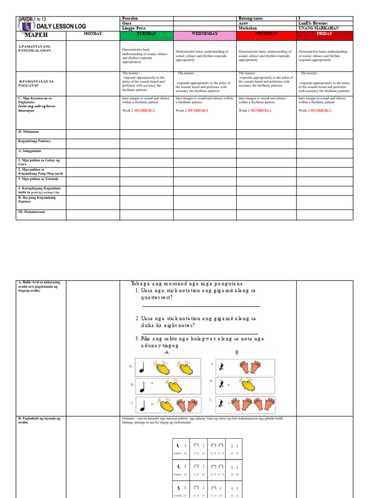 DLL Mapeh Week 2 Grade 1 Melc | PDF | Rhythm | Cognitive Science