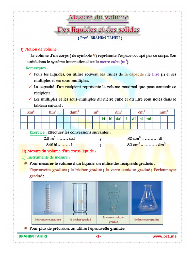 Mesure Du Volume Des Liquides Et Des Solides - Prof - tahiRI (WWW - Pc1 ...