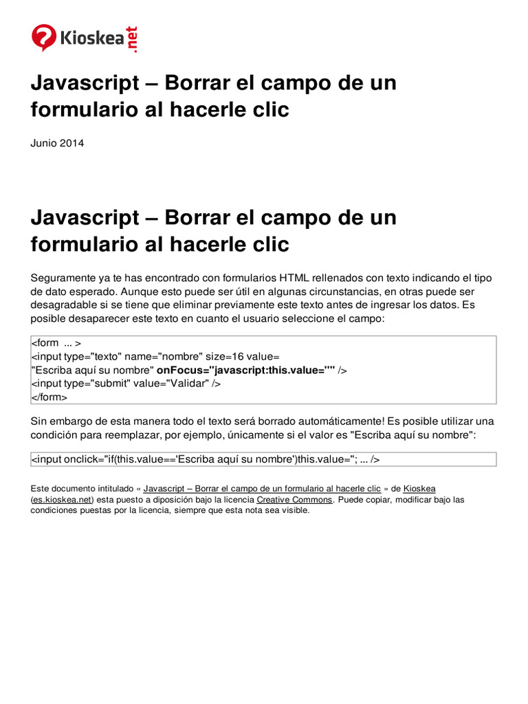 Javascript Borrar El Campo de Un Formulario Al Hacerle Clic 2546 khp8v5 | PDF