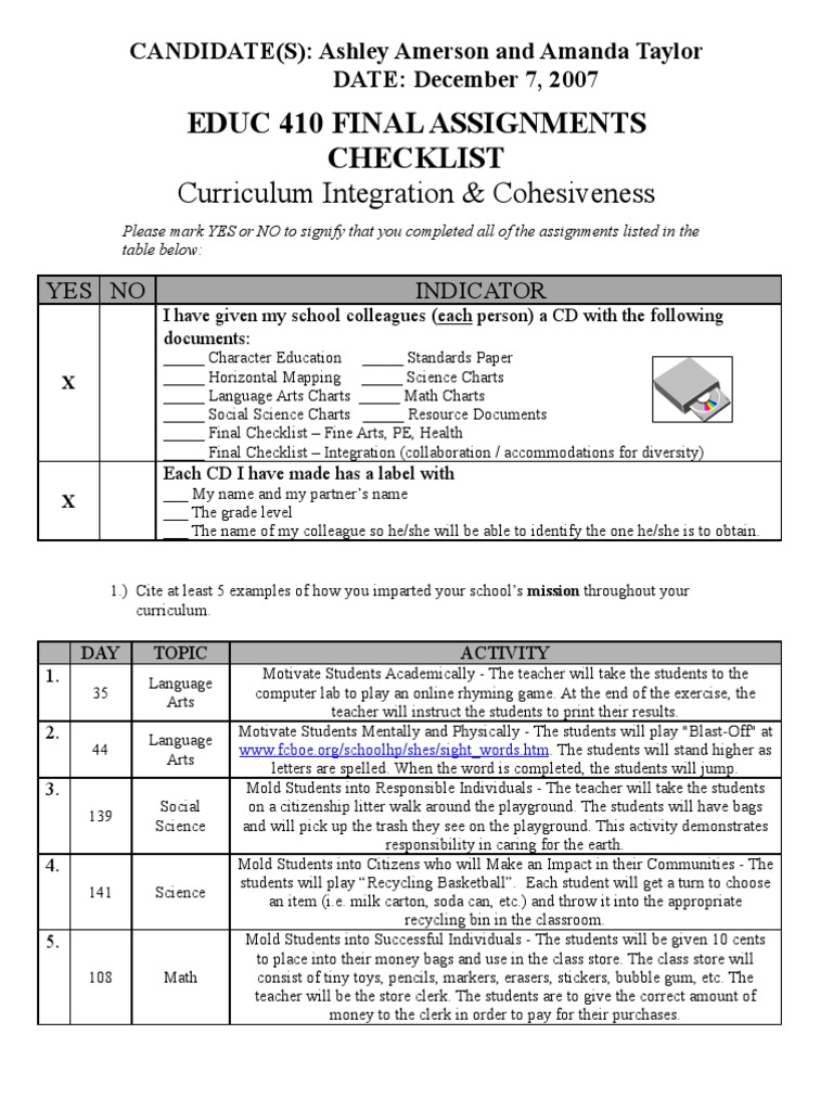 K - Amerson-Taylor - Final Checklist - Curriculum Integration | PDF ...